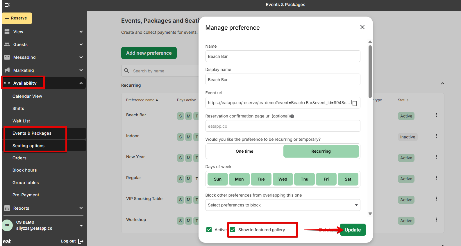 Creating Events and Reservation Preferences