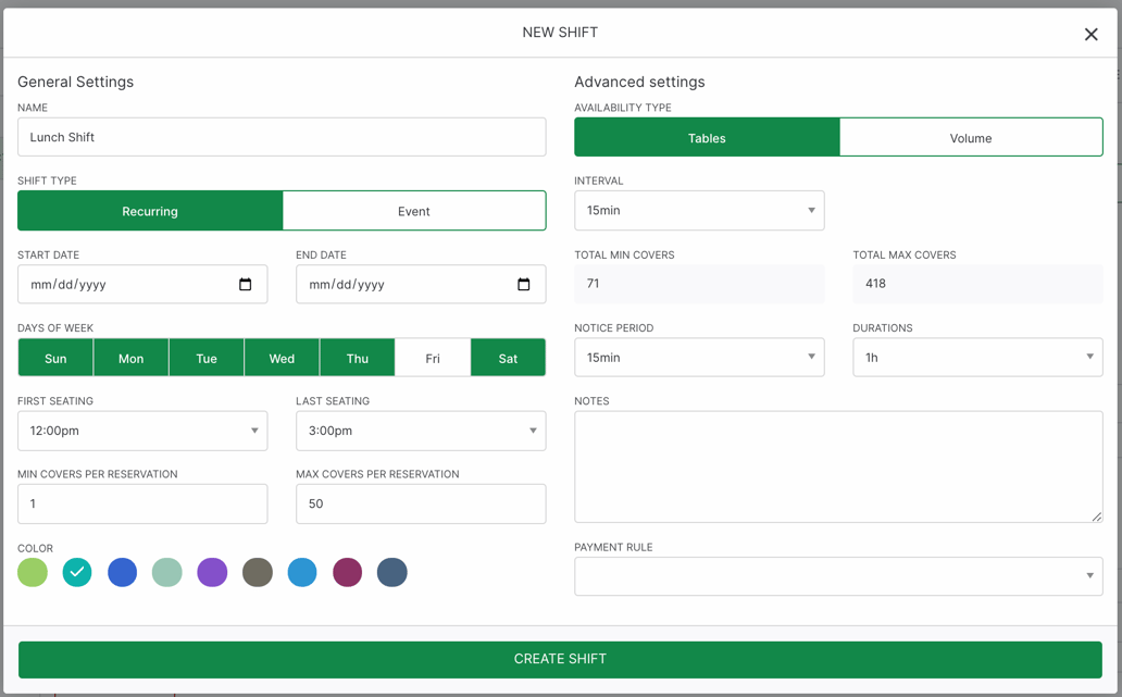 Creating your Restaurant's shift